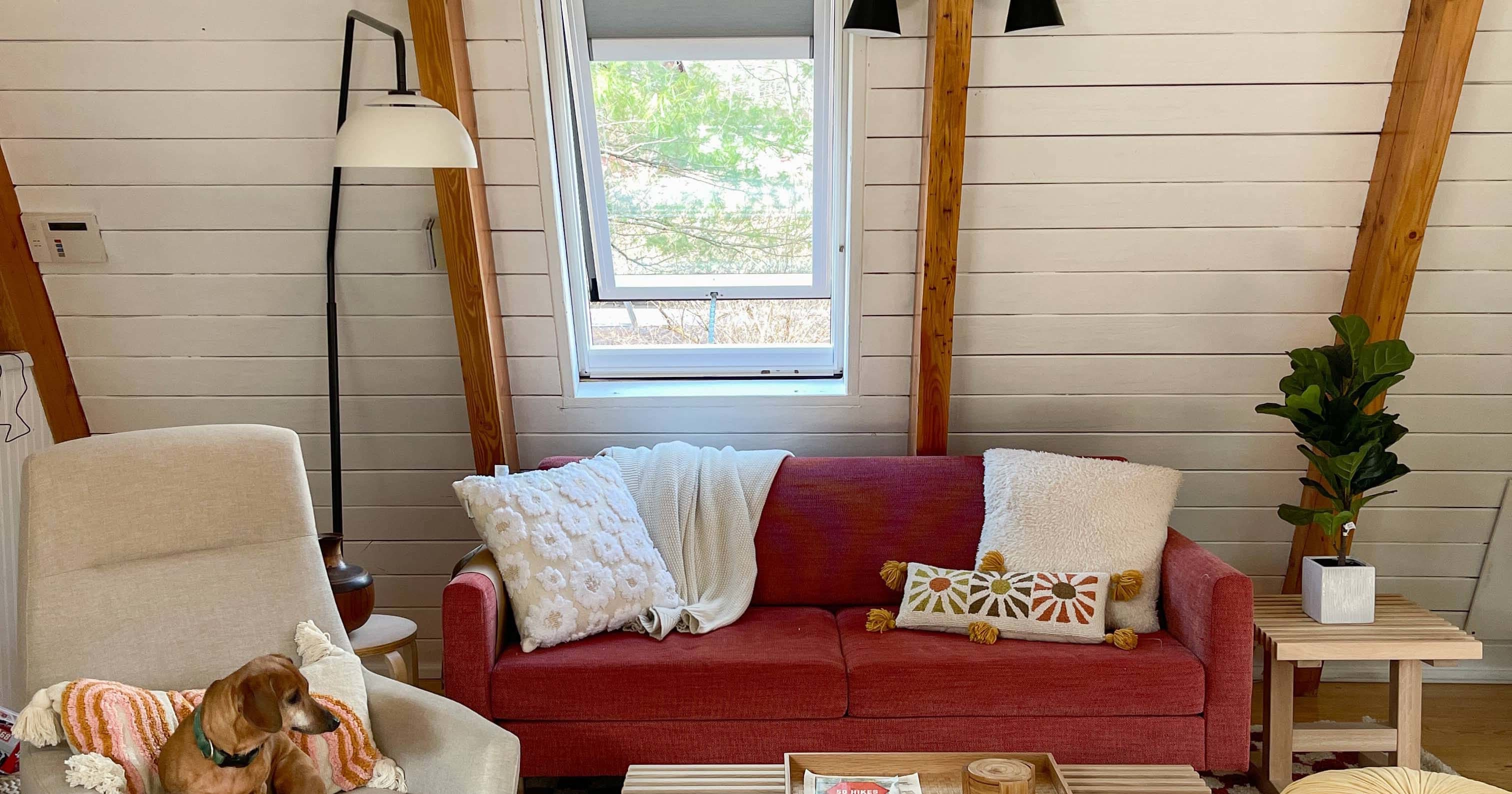 Skylights add light to a small A-frame house